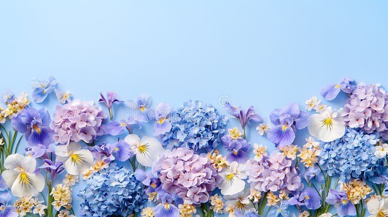 Pastel Blue and Purple Hydrangea Iris and Pansy Flower Border on Light Blue Background AI ...