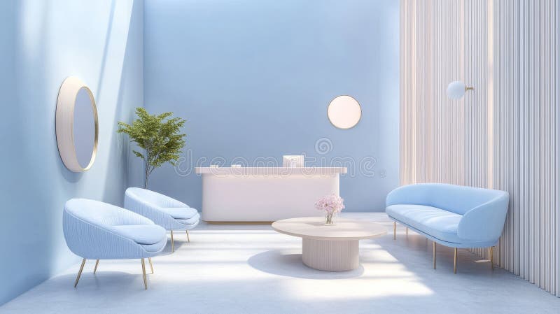 Pastel Blue Reception Area Minimalist Interior Design, 3D Render, Blue ...