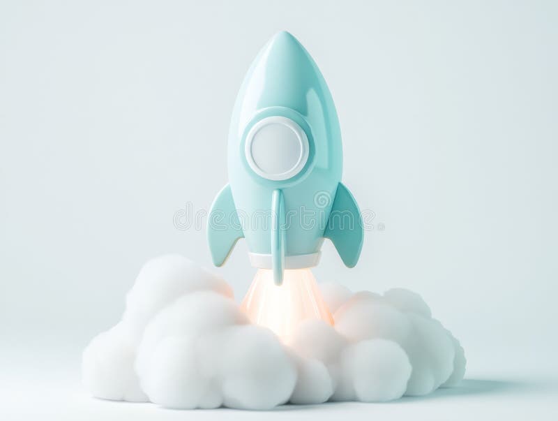 Pastel Blue Rocket Launch 3D Render, Startup Concept, Success Rocket ...