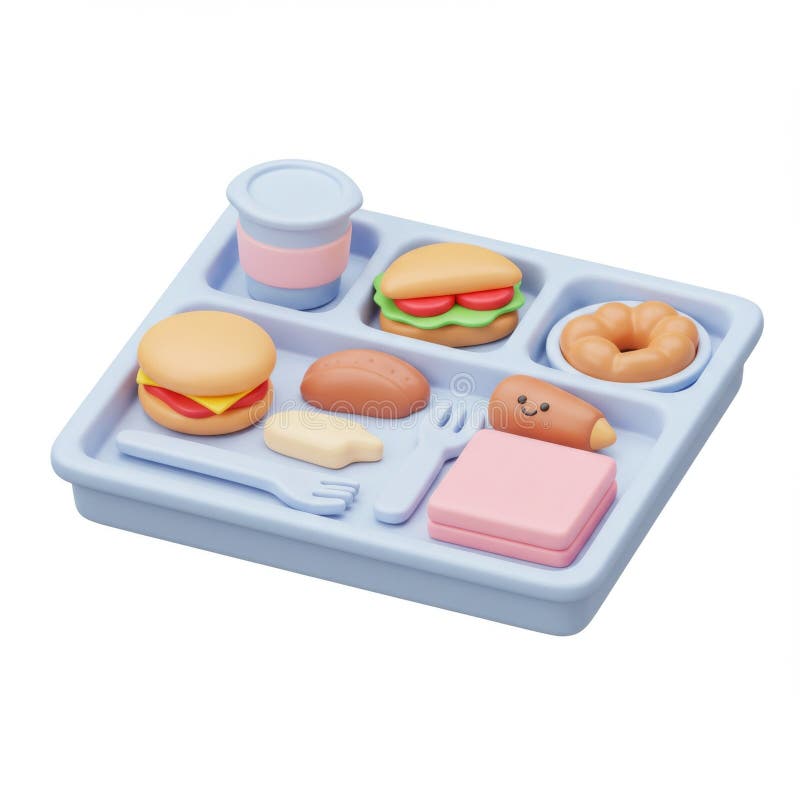 Pastel Blue Tray with Cartoon Food and Drinks Stock Illustration ...