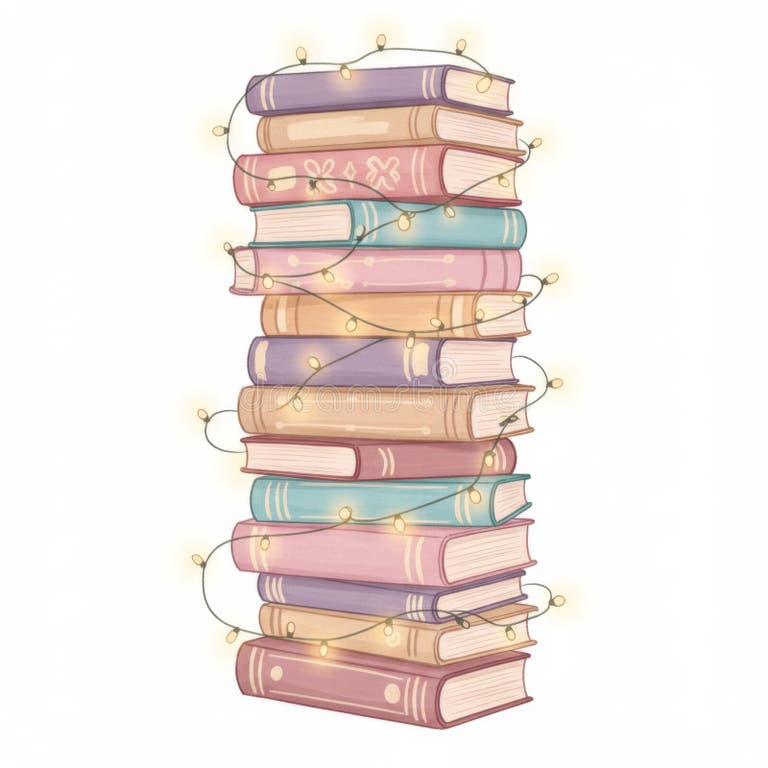 Pastel Book Stack with Fairy Lights Stock Illustration - Illustration ...