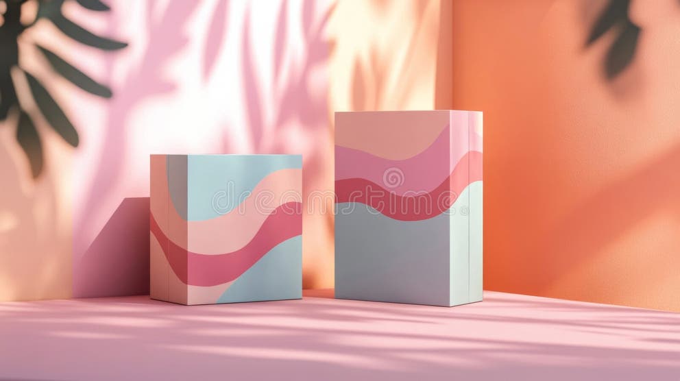 Pastel Boxes with Wave Pattern on Pink Background Stock Illustration ...