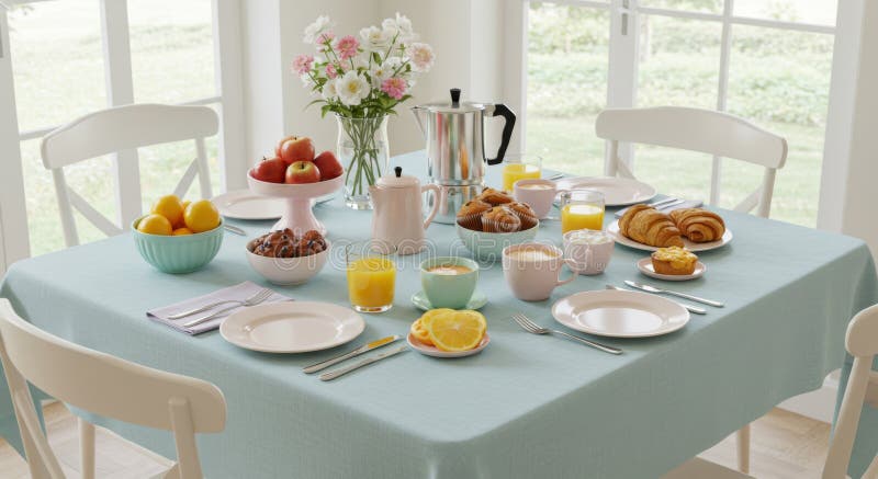 Pastel Breakfast Table Setting with Fresh Fruit and Pastries Stock ...