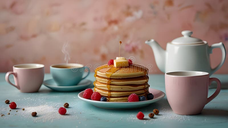 A Pastel Breakfast-themed Background Featuring Cute Pancakes and Coffee ...