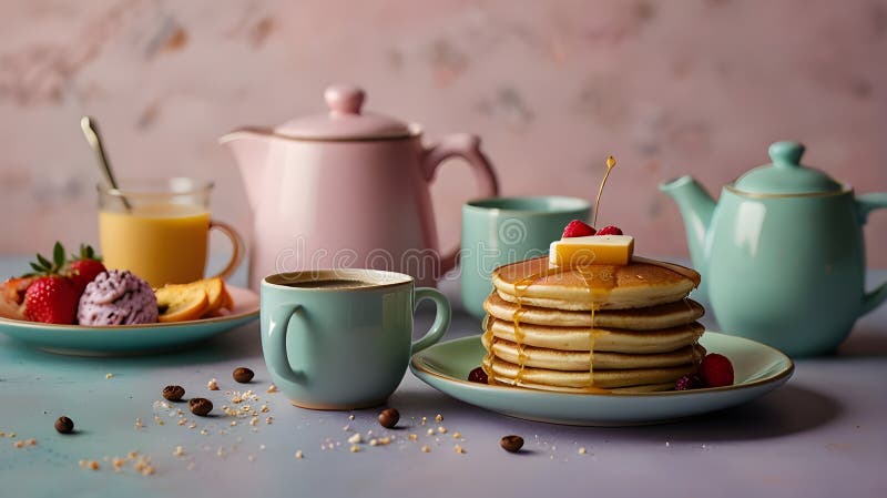 A Pastel Breakfast-themed Background Featuring Cute Pancakes and Coffee ...