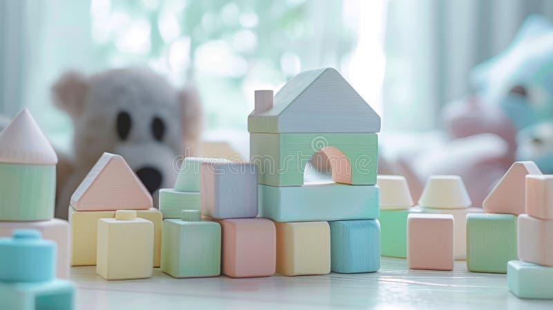 Pastel Building Blocks with Teddy Bear in Background Stock Image ...