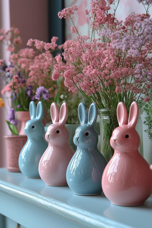 Pastel Bunny Statues with Floral Backdrop for Easter or Spring Decor ...