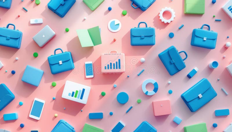 Pastel Business Objects: a Cheerful 3D Render of Briefcases, Charts ...