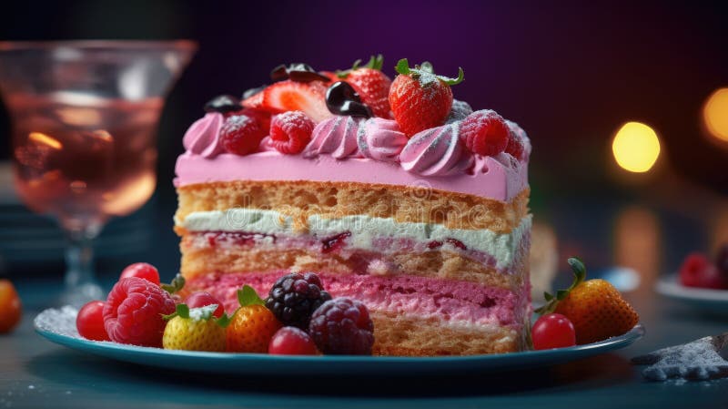 Pastel Cake on Plate Decorated with Flowers and Berries Stock ...