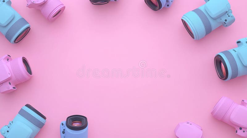 Pastel Cameras Frame Pink Background; Design Template Stock ...