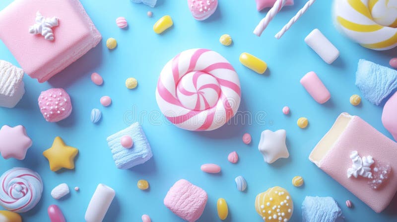 Pastel Candy and Sweets on Blue Background Stock Illustration ...