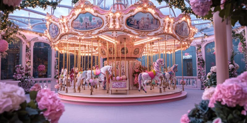 Pastel Carousel Decorated with Candies and Flowers Stock Illustration ...