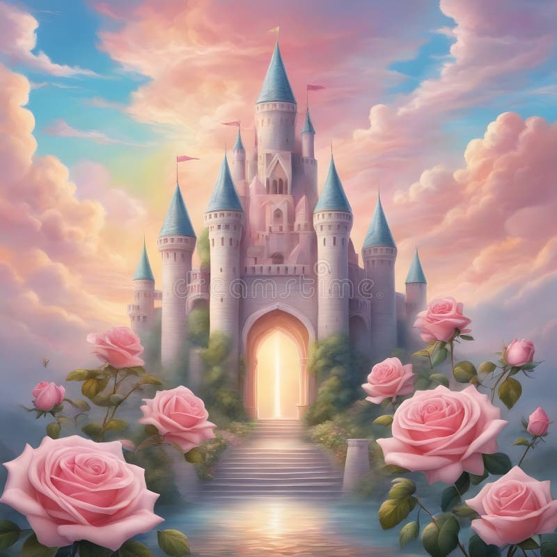 Pastel Castle Roses Fantasy Art. Generative AI. Stock Illustration ...