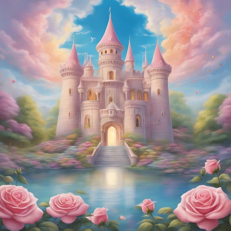 Pastel Castle Roses Fantasy Art. Generative AI. Stock Illustration ...