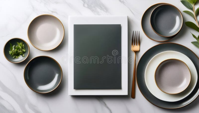Pastel Ceramic Dinnerware, Golden Flatware, Marble Surface, Menu Card ...