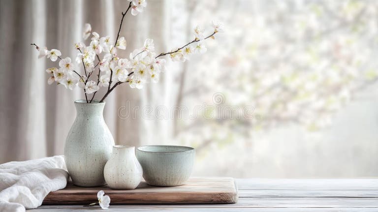 Pastel Ceramics and Spring Branches on Table . Stock Photo - Image of ...