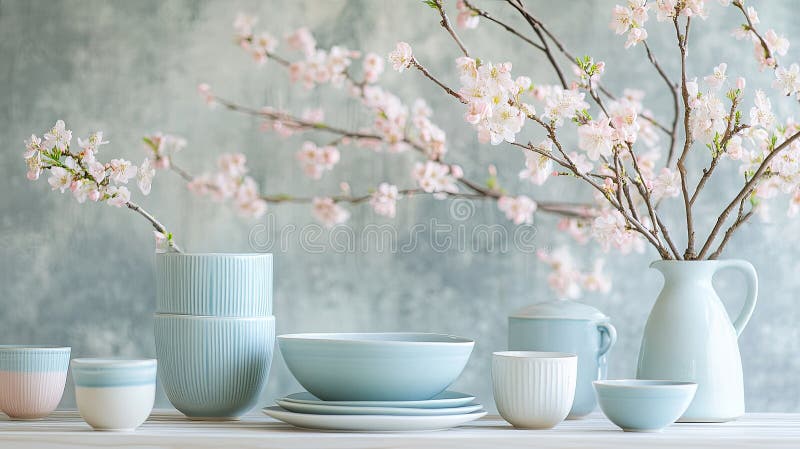 Pastel Ceramics and Spring Branches on Table . Stock Image - Image of ...
