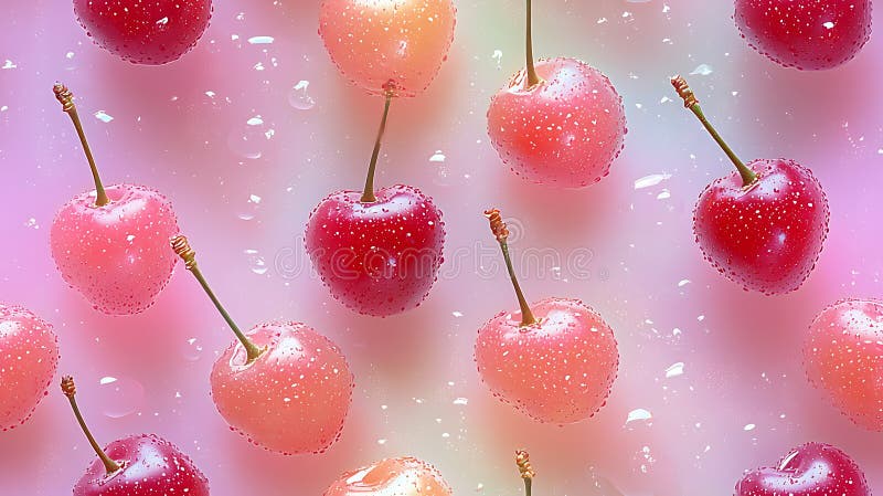 Pastel Cherries with Water Drops on Seamless Background Stock ...