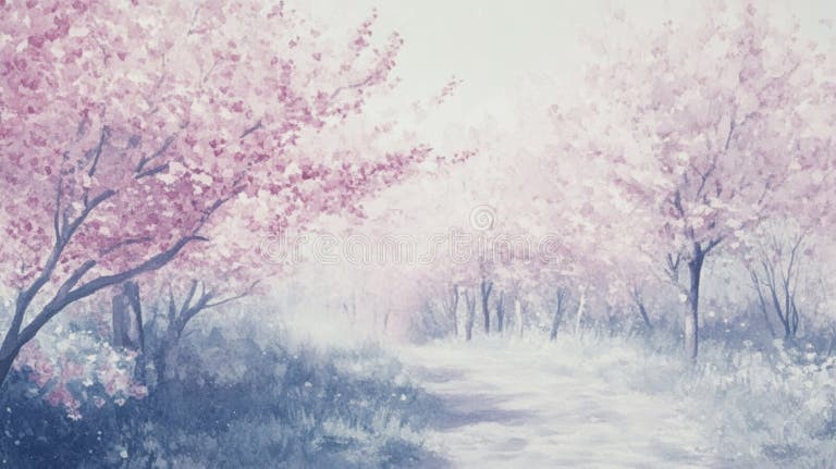Pastel Cherry Blossom Pathway - Springtime Serenity Stock Illustration - Illustration of blossom ...