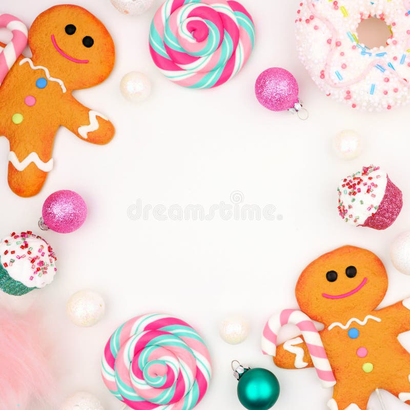 Pastel Christmas Sweets Decor, Bottom Border Over White Wood Stock ...