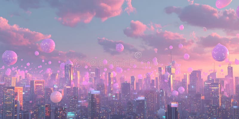 Pastel Cityscape Dreamy Pink Sky Art Stock Illustration - Illustration ...