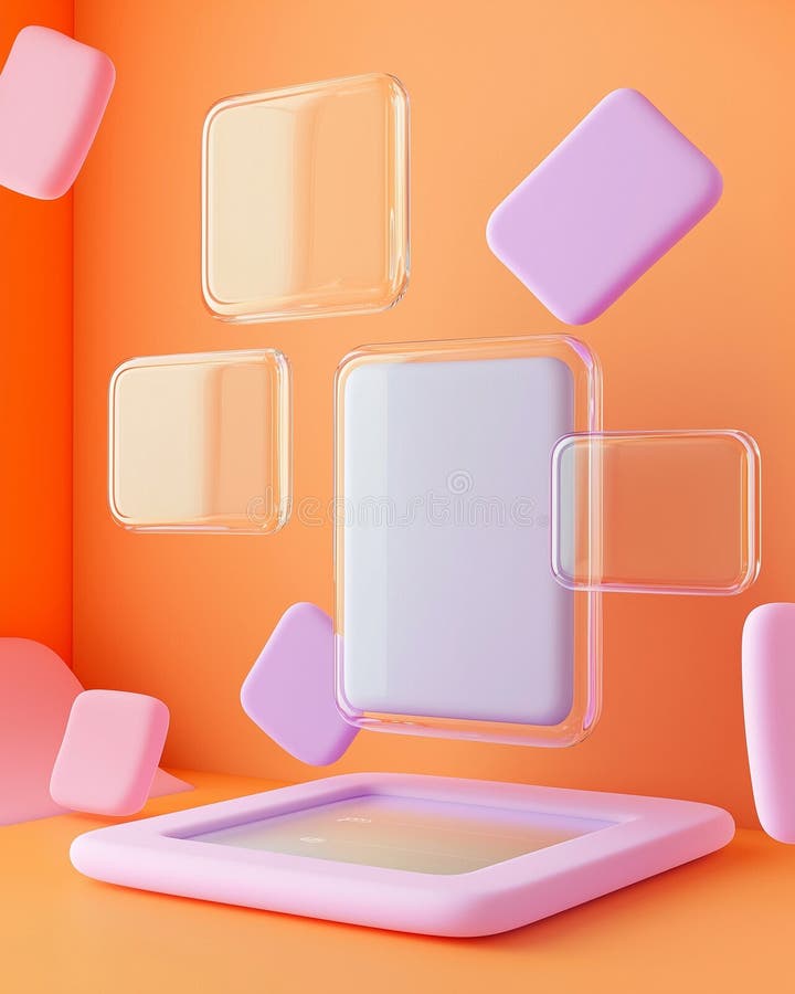 Pastel Claymorphic and Glassmorphic Shapes on Orange Background Stock ...