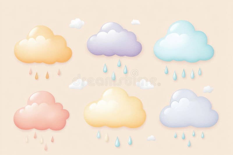 Set of Pastel Clouds with Soft Raindrops on a Neutral Background ...