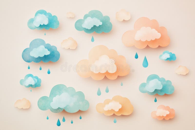 Soft Pastel Clouds with Gentle Raindrops on a Neutral Background ...