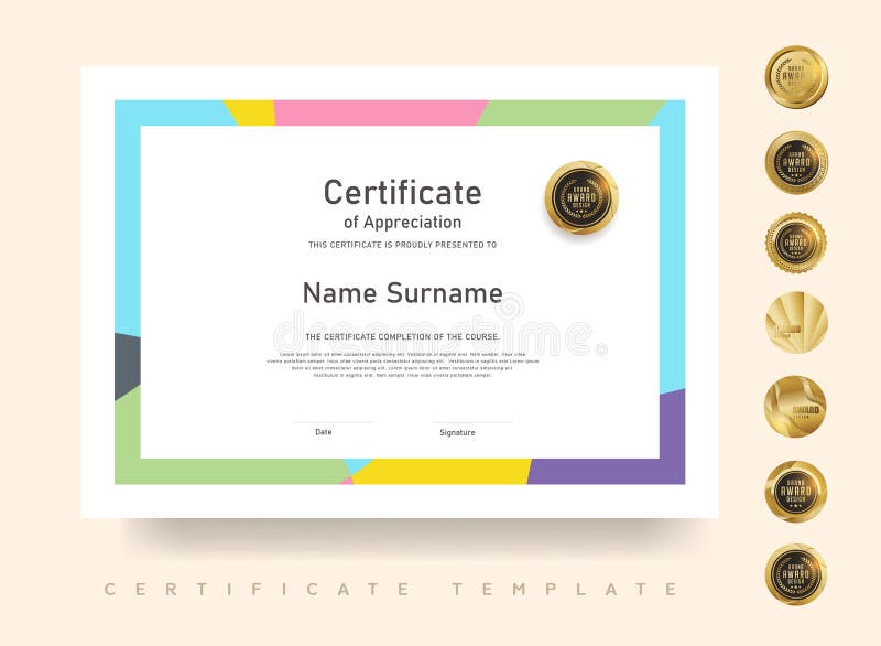 Pastel Color Certificate Layout with Modern Frame and Gold Badge Ideal ...