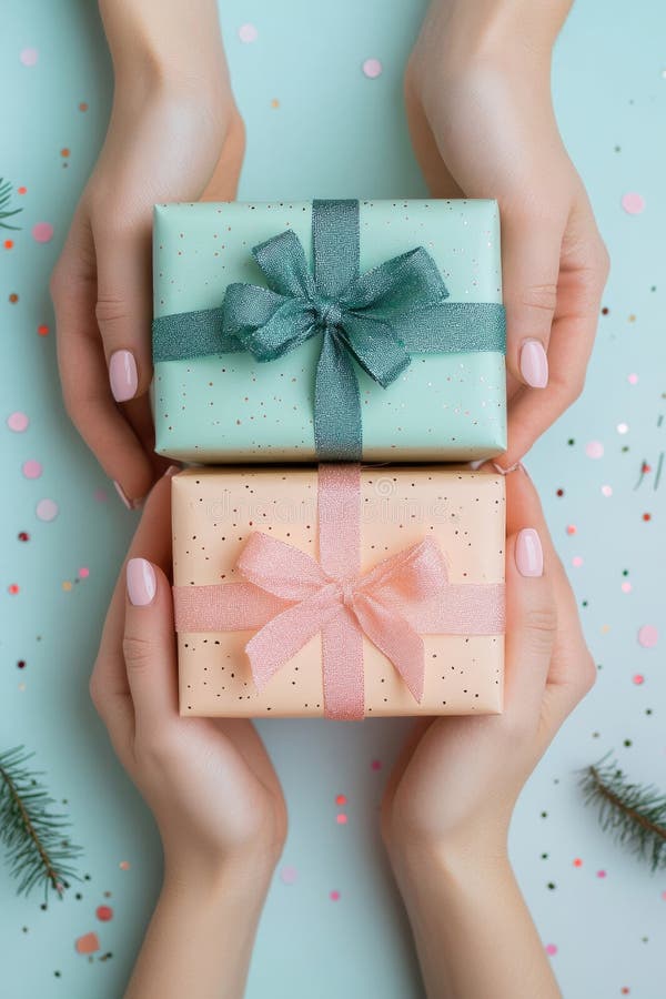 Pastel Color Gift Boxes with Glitter Ribbons Held by Hands on a Festive ...