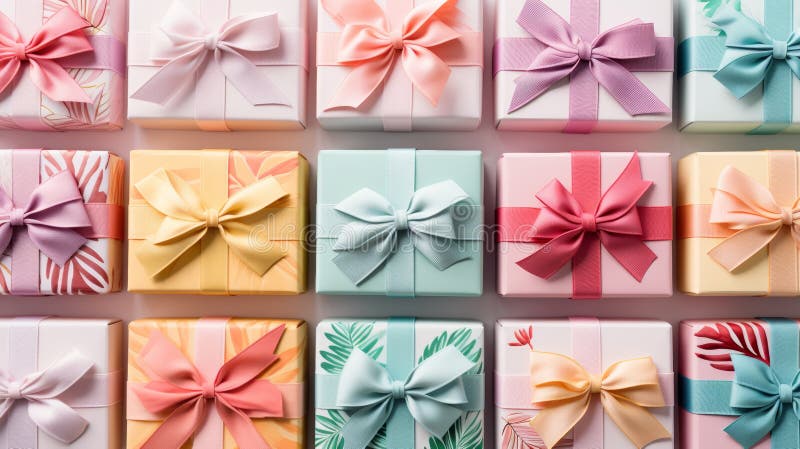 12 Pastel Color Gift Boxes with Ribbon on White Background, Top View ...