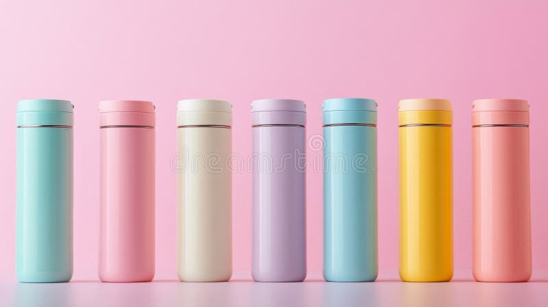 Pastel Color Stainless Steel Bottles Displayed Against Pink Backdrop in ...