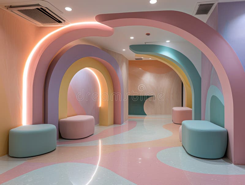 Pastel-colored Arches and Seating in a Modern Interior Design Stock ...