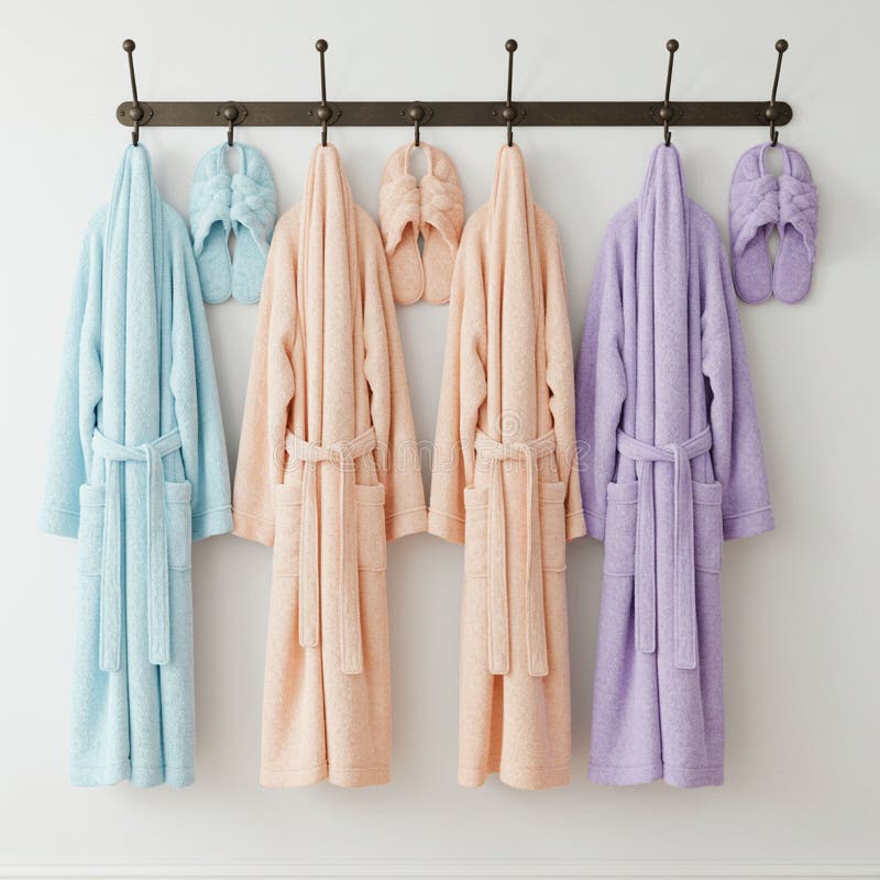 Pastel-colored Bathrobes and Matching Slippers on a Wall-mounted Rack ...
