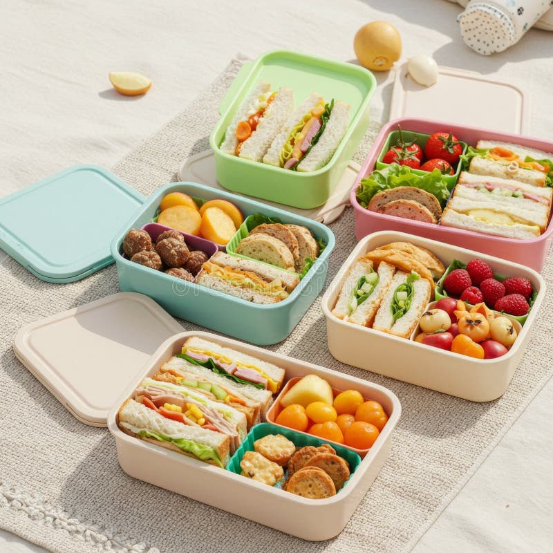 Pastel Colored Bento Boxes with Sandwiches and Snacks Stock ...
