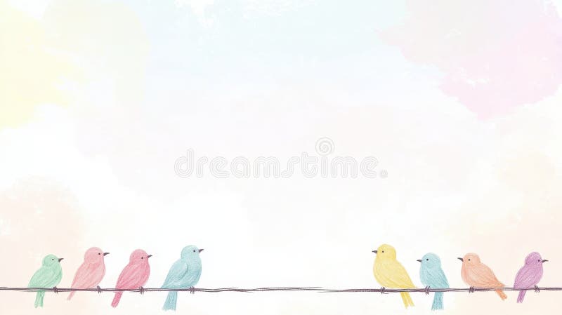 Pastel-Colored Birds on Wire Against Soft Watercolor Background Stock ...