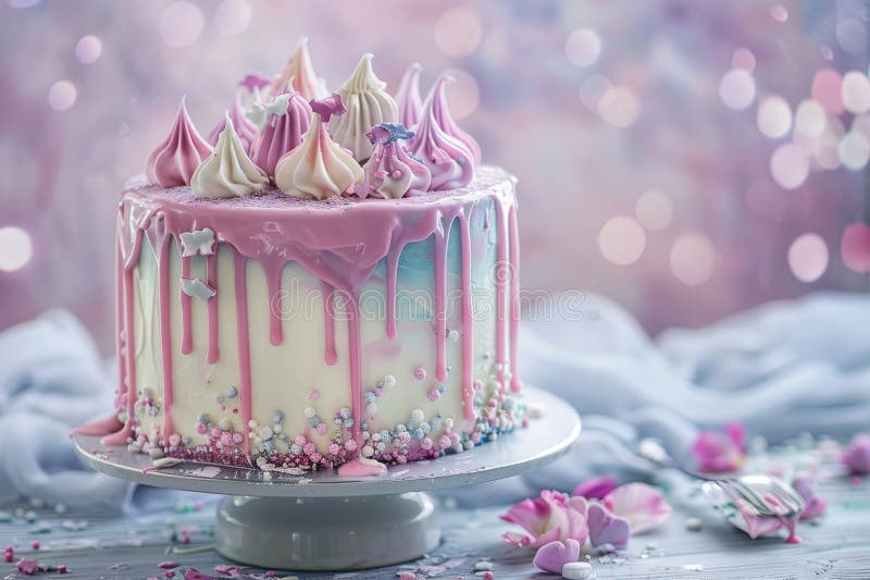 Pastel Colored Birthday Cake with Drip Icing. Generative AI Stock Image ...