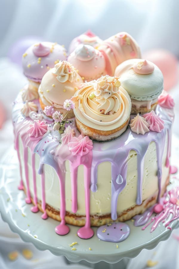 Pastel Colored Birthday Cake with Drip Icing. Generative AI Stock Photo ...
