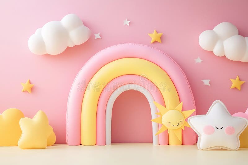 Pastel-colored Birthday Party Backdrop with Clouds and Rainbow Stock ...