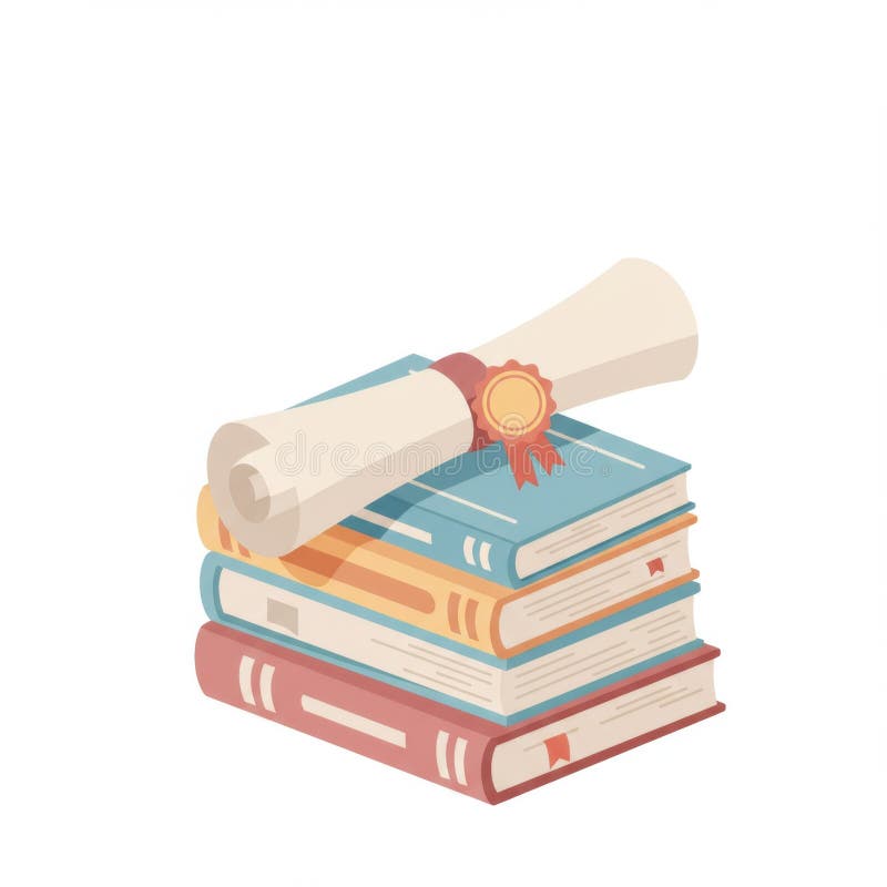 Pastel Colored Books Stack with Rolled Diploma Stock Illustration ...