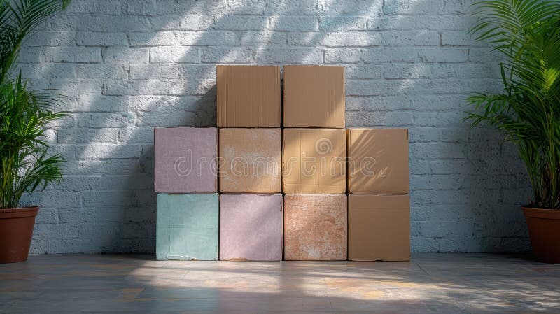 Pastel-colored Boxes Stacked Against a White Brick Wall Stock ...