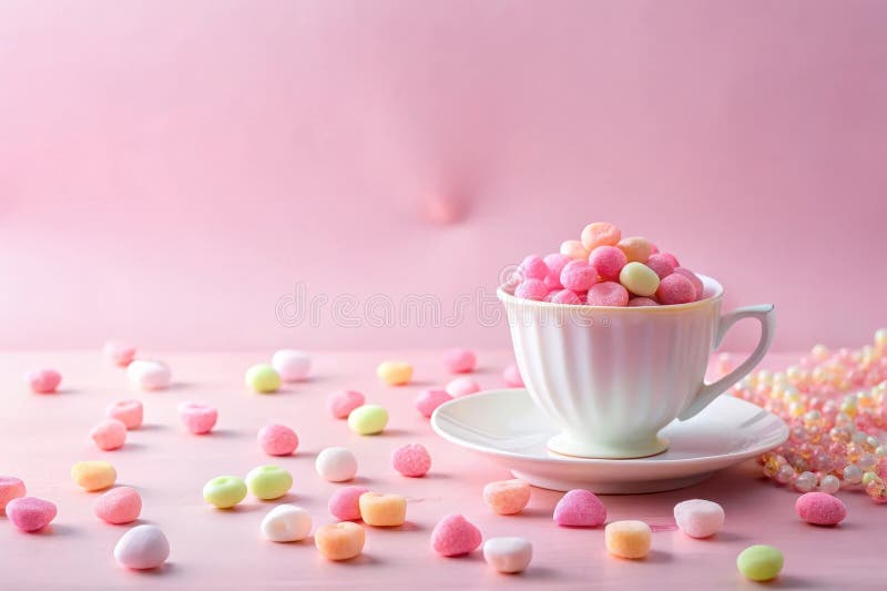 Pastel-colored Candy in a Delicate Teacup, Scattered Sweets on a Pink ...