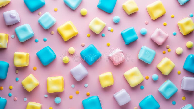 Pastel-colored Candy Squares and Round Sprinkles on a Pink Background ...