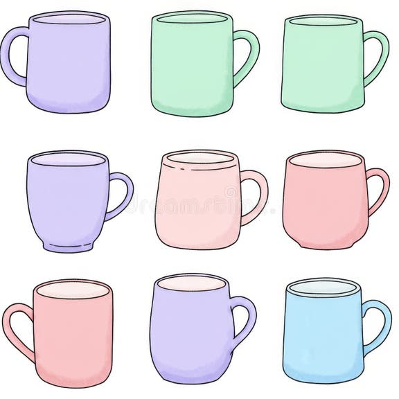 Pastel Colored Ceramic Mugs Arranged in Grid Pattern on White ...