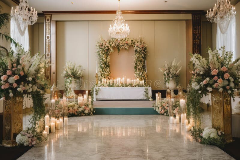 Ceremony Setup with Intricate Floral Arrangements, Candles and Soft ...