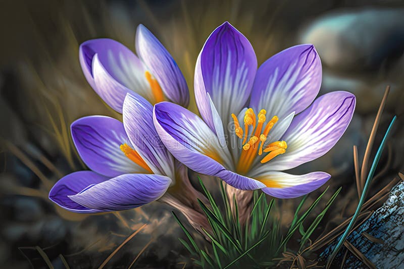 Pastel-colored Crocus Blooming in a Meadow Stock Illustration ...