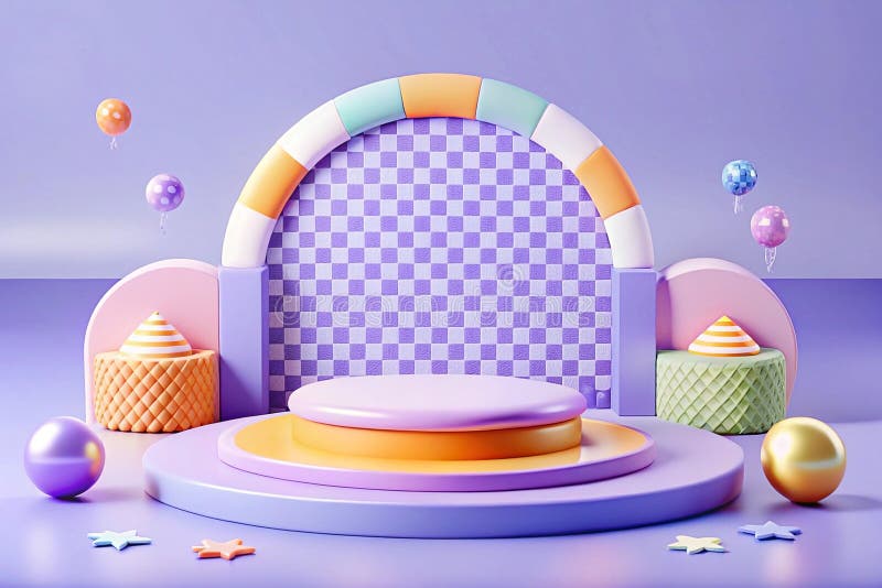 Pastel-colored 3D Rendering of a Product Display Stand with Balloons ...