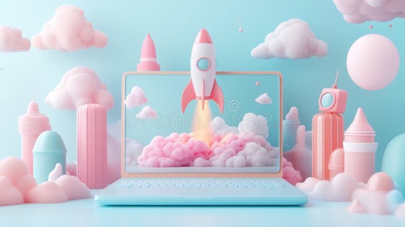 Pastel Rocket Launching from Laptop Screen in 3D Render Stock ...