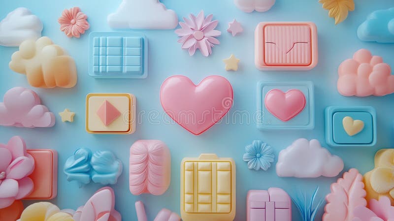 Pastel-colored 3D Shapes and Hearts Arranged on a Light Blue Background ...