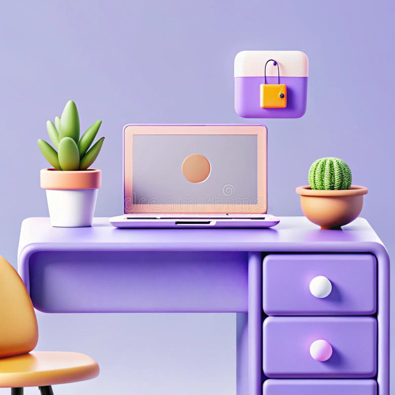Pastel-colored Desk with Laptop, Plants, and Security Icon, a Modern ...